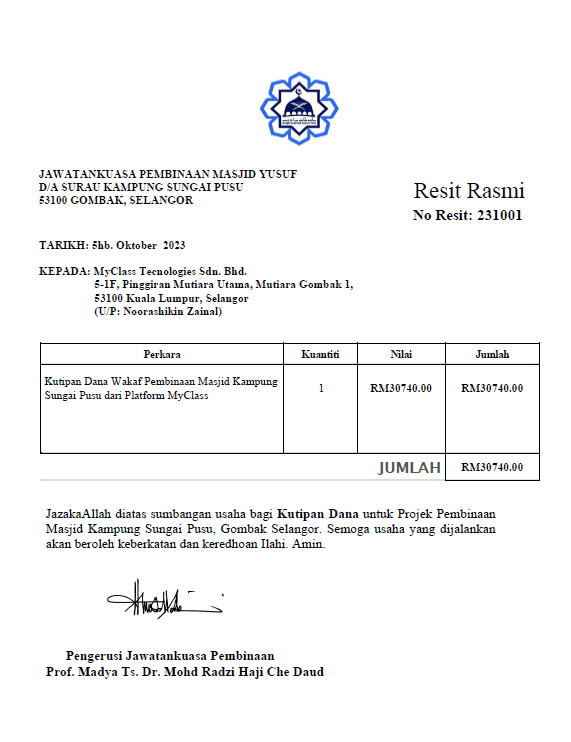 Dana Wakaf Pembinaan Masjid Yusuf Sungai Pusu Gombak – MyInfaq